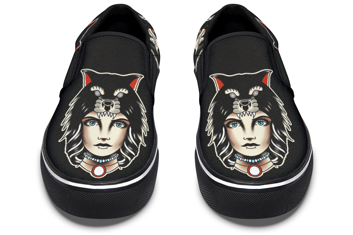 Wolf Cowl Girl Head Slip On Shoes – Last Light Apparel